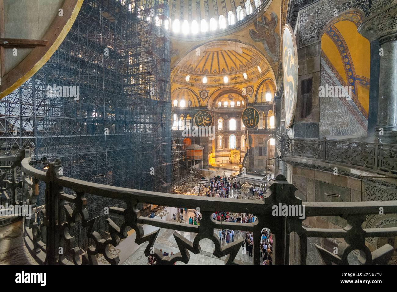 Interior of the Hagia Sophia or Aya Sofia in Istanbul with scaffolding as building work takes ...