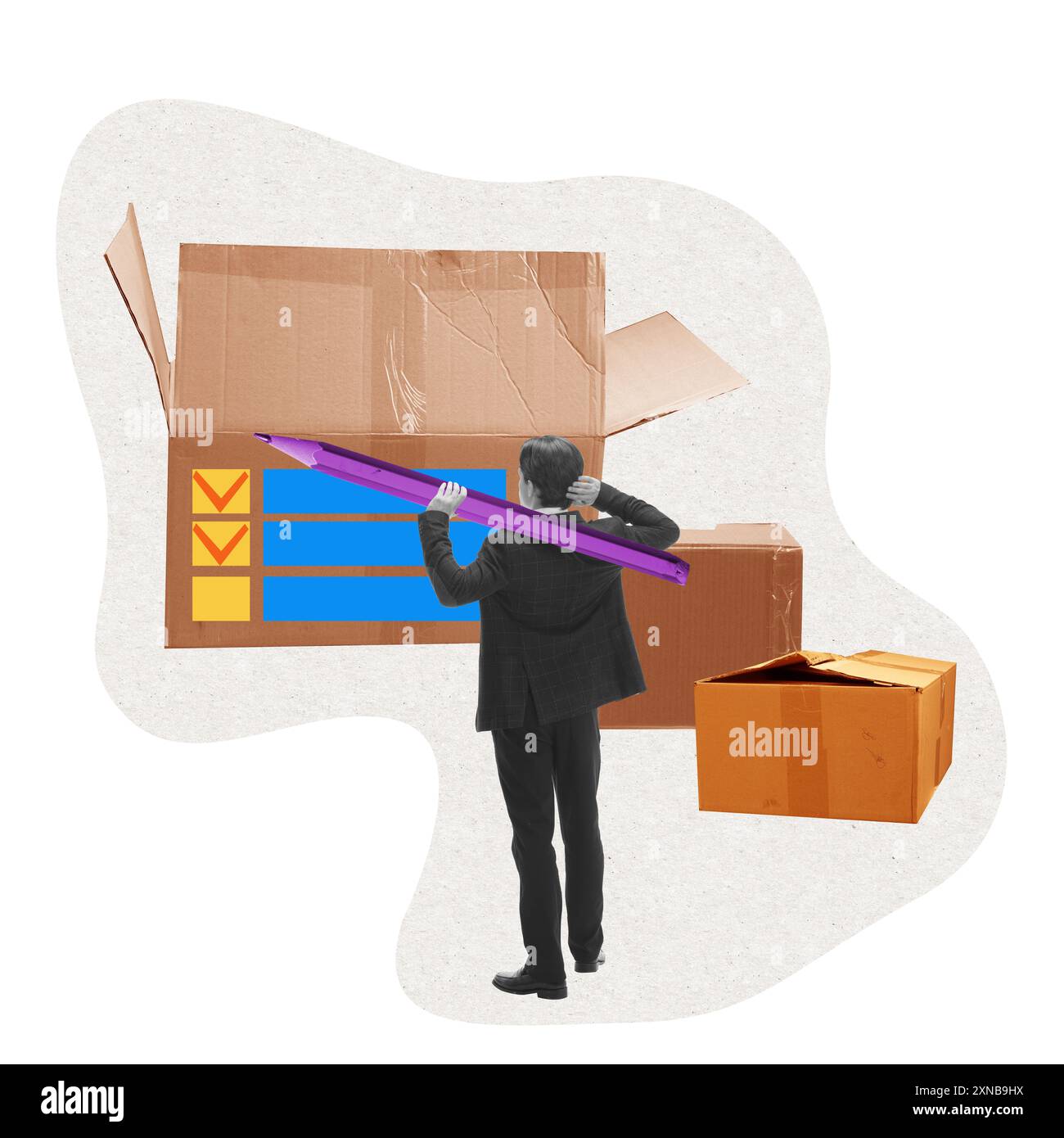 Man standing next to carton box with pencil and filling blanks with ...