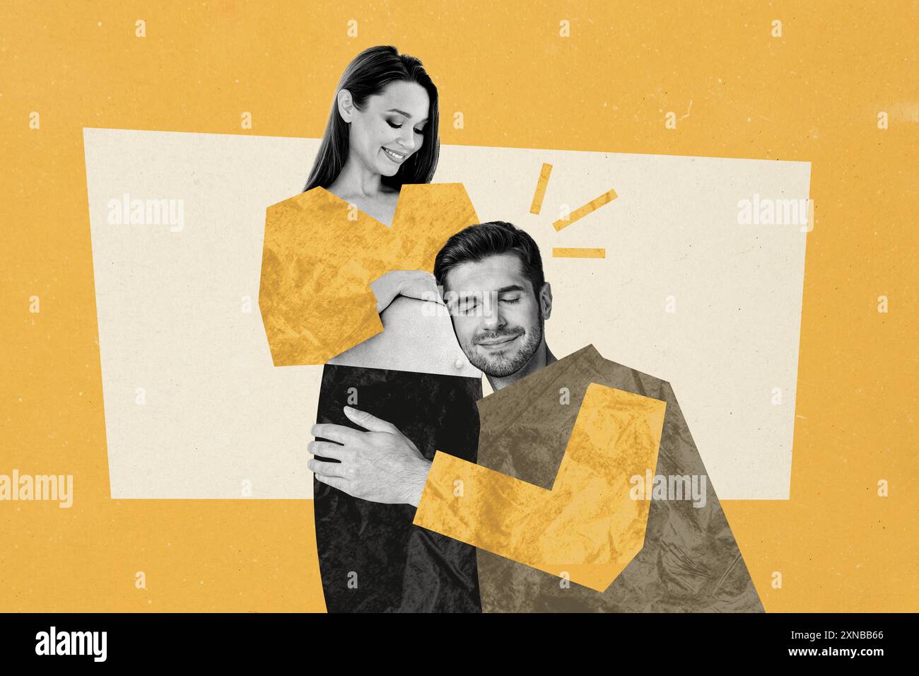 Composite photo collage of happy man husband listen mother belly ...