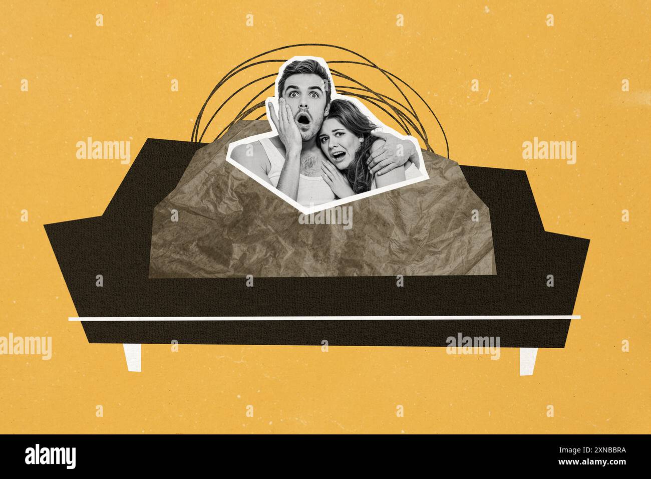 Composite photo collage of scared astonished girl guy lay sofa watching ...