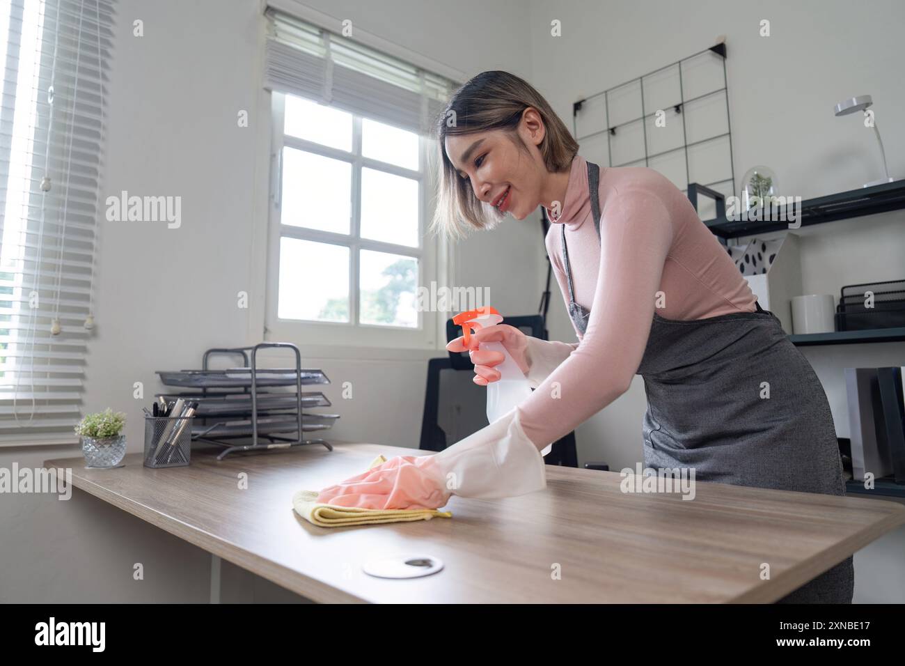 Young Woman Cleaning Office Desk with Spray Bottle and Cloth in Modern ...