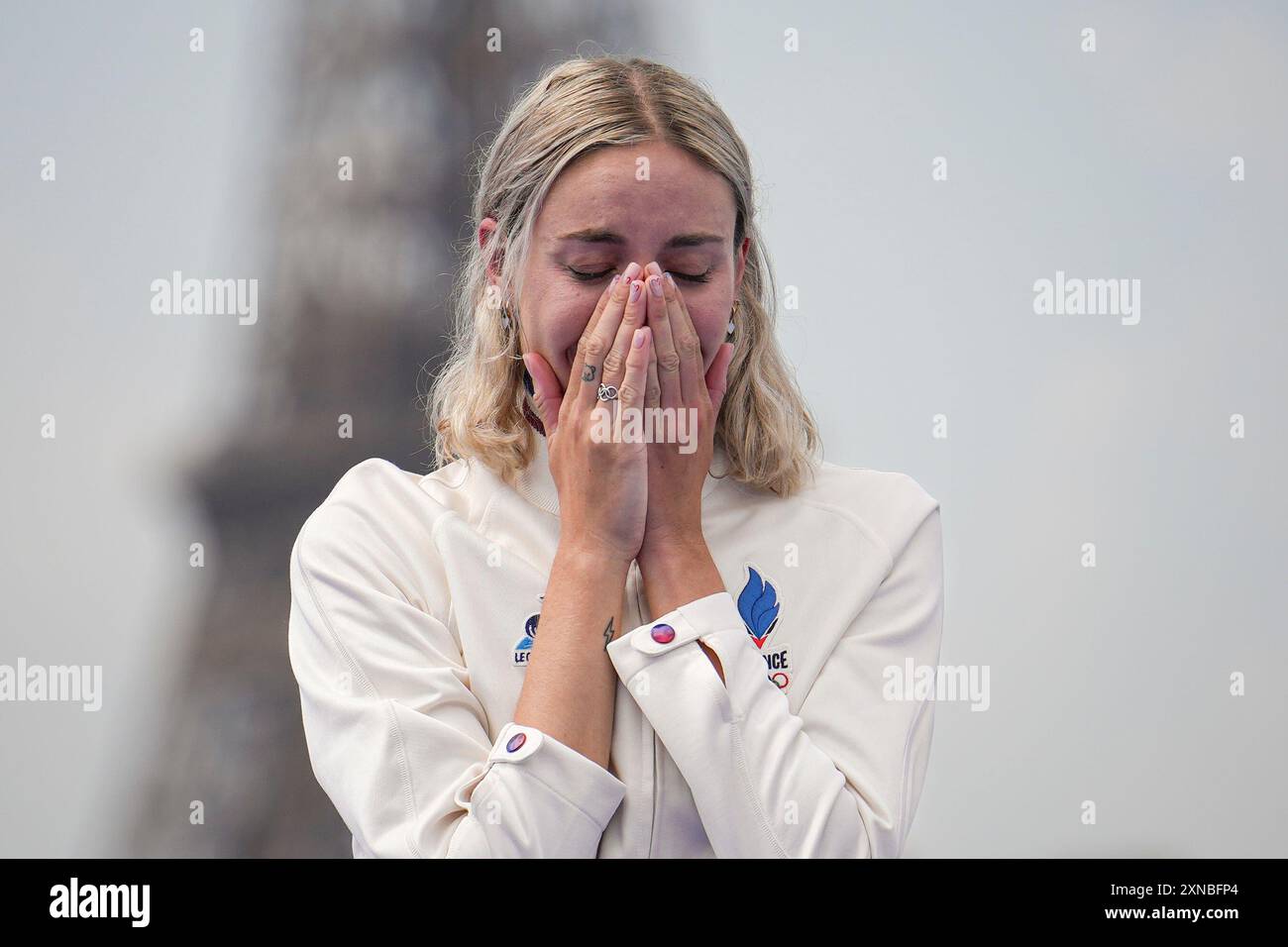 Gold medal winner, France's Cassandre Beaugrand reacts during a medal ...