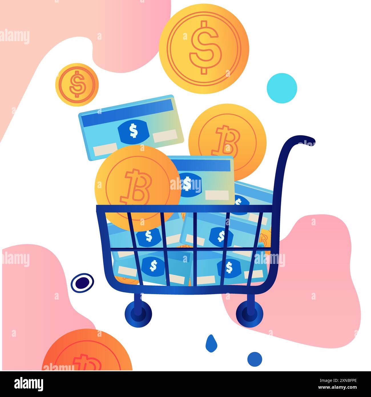 Shopping cart with digital currency coins and credit cards digital ...
