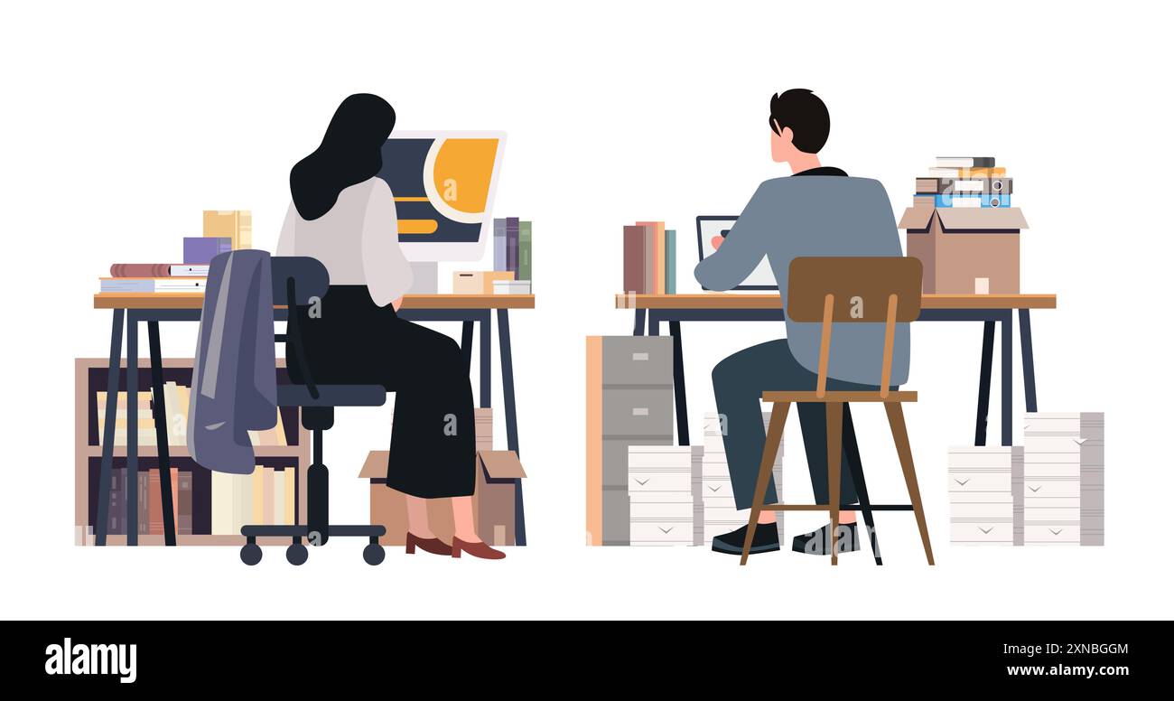 Office workers at desks busy workspace books computers. Illustration ...