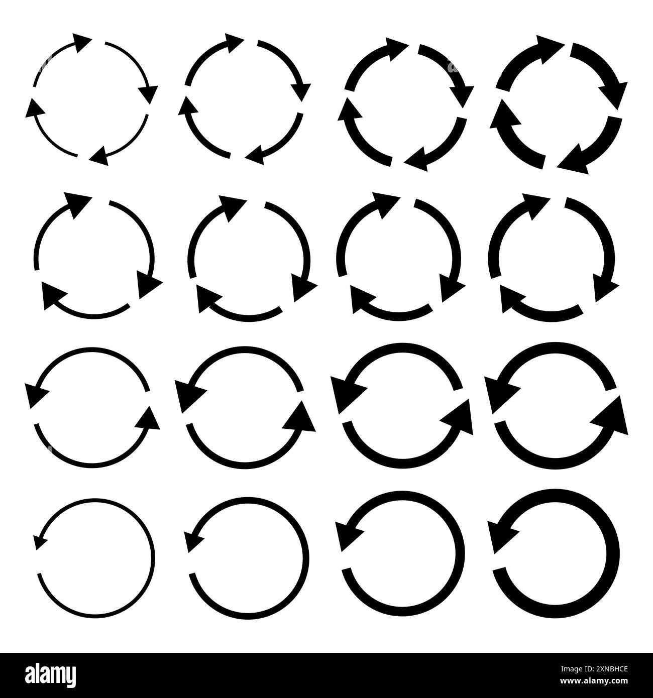 Circular arrow icons. Black recycle symbols. Set of sixteen vector elements. Cycle and loop ...