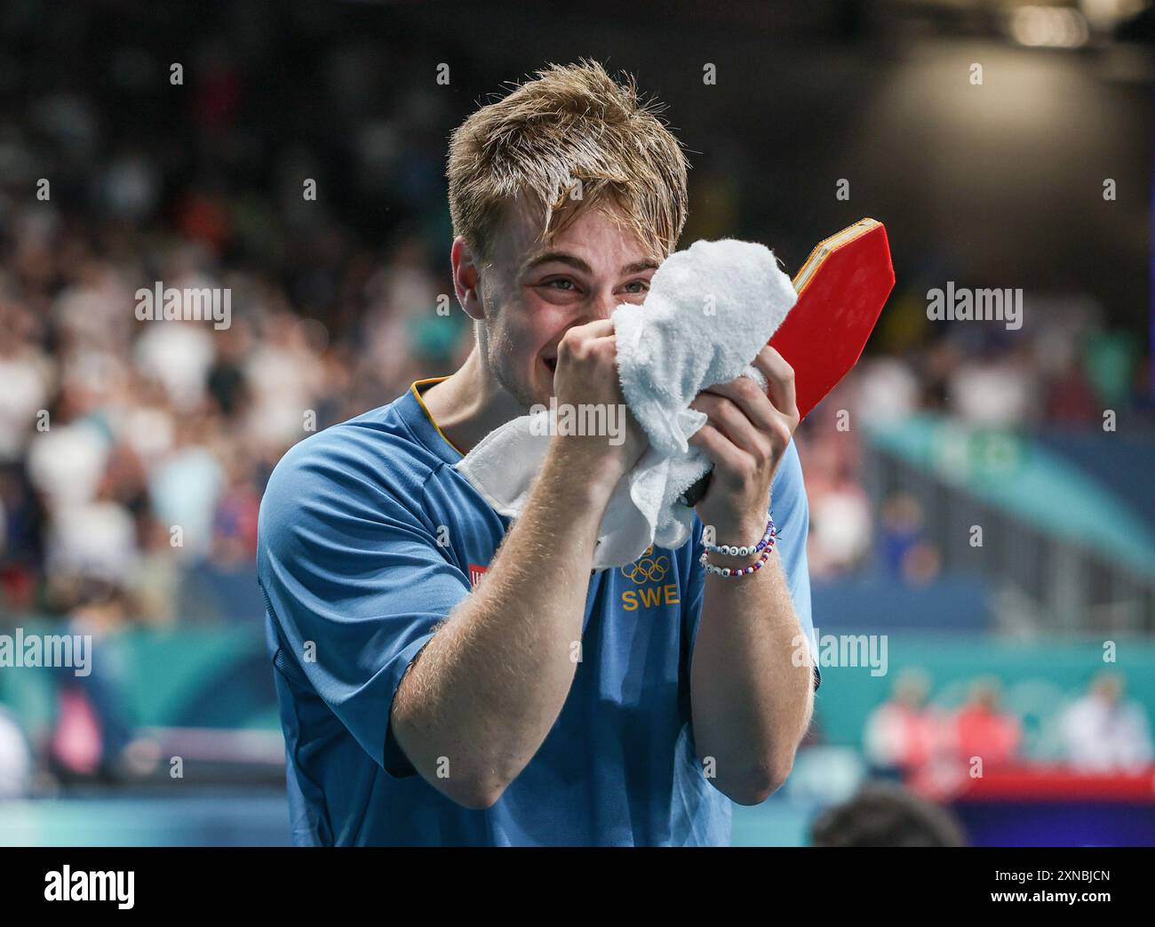 Paris, France. 31st July, 2024. Truls Moregard of Sweden celebrates ...