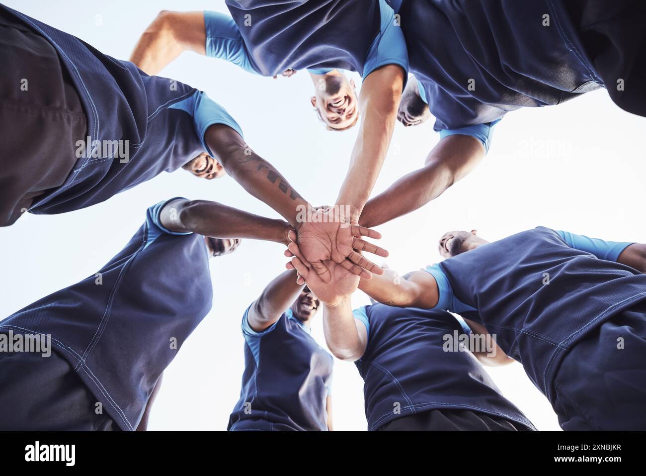 Rugby, men and huddle of team with hand pile, motivation and pride in ...