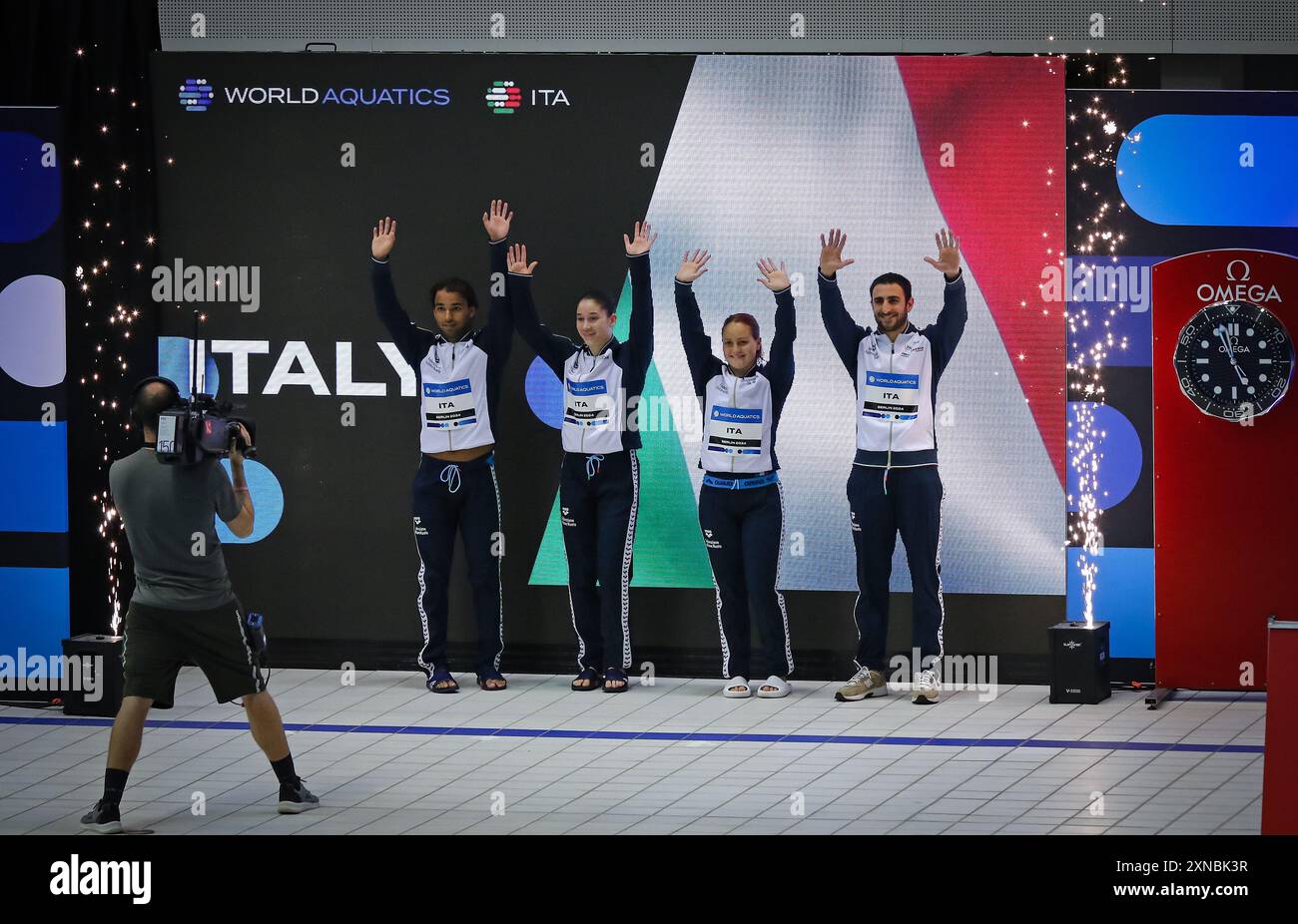 Berlin, Germany - March 22, 2024: Divers from Team Italy greet the fans ...