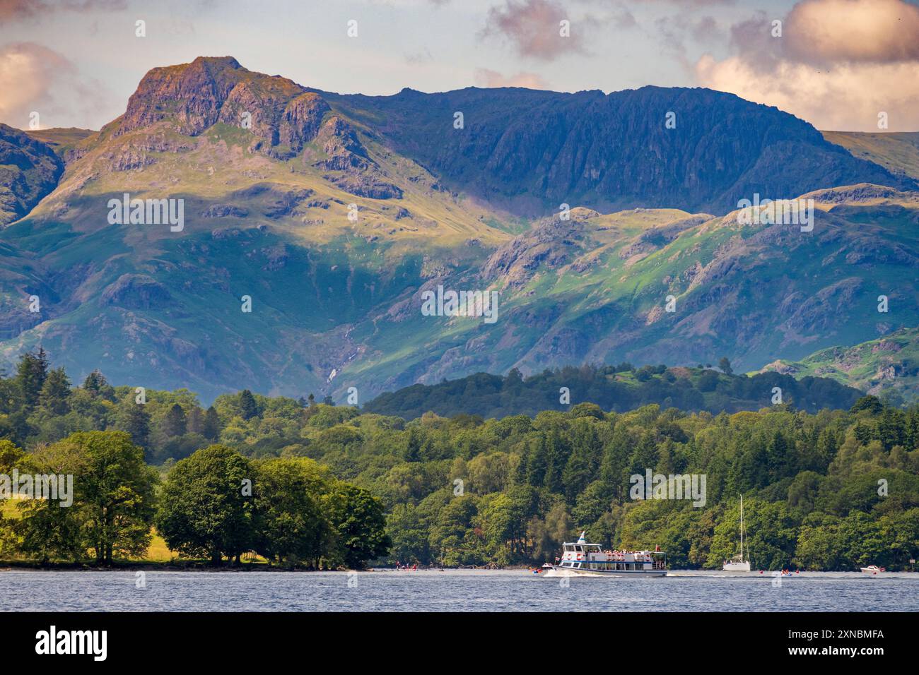 Lake Windermere with Pavey Arc in the Langdale Pikes behind Stock Photo ...