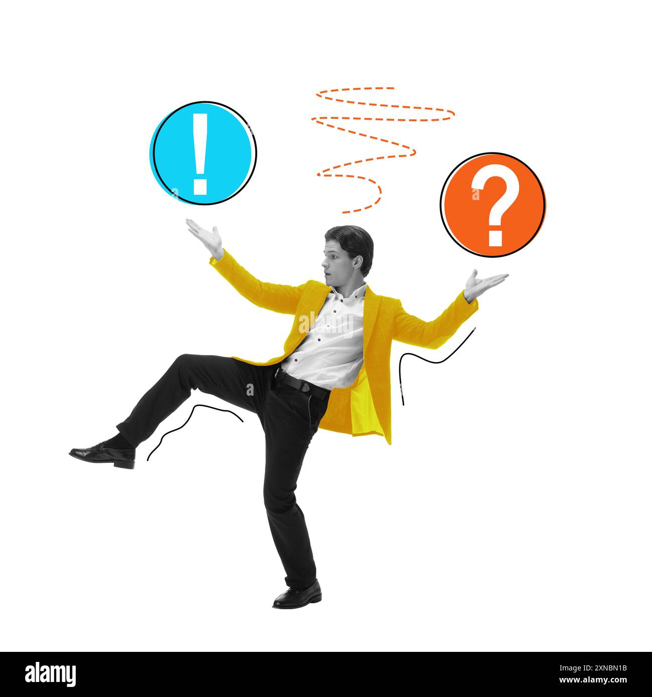 Man balancing with exclamation and question mark. Challenges and ...