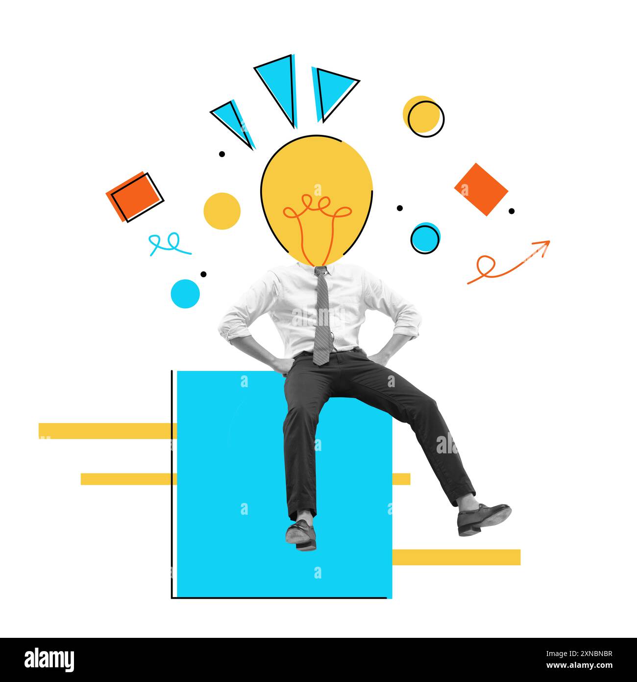 Man sitting on clock with light bulb head and abstract elements around ...