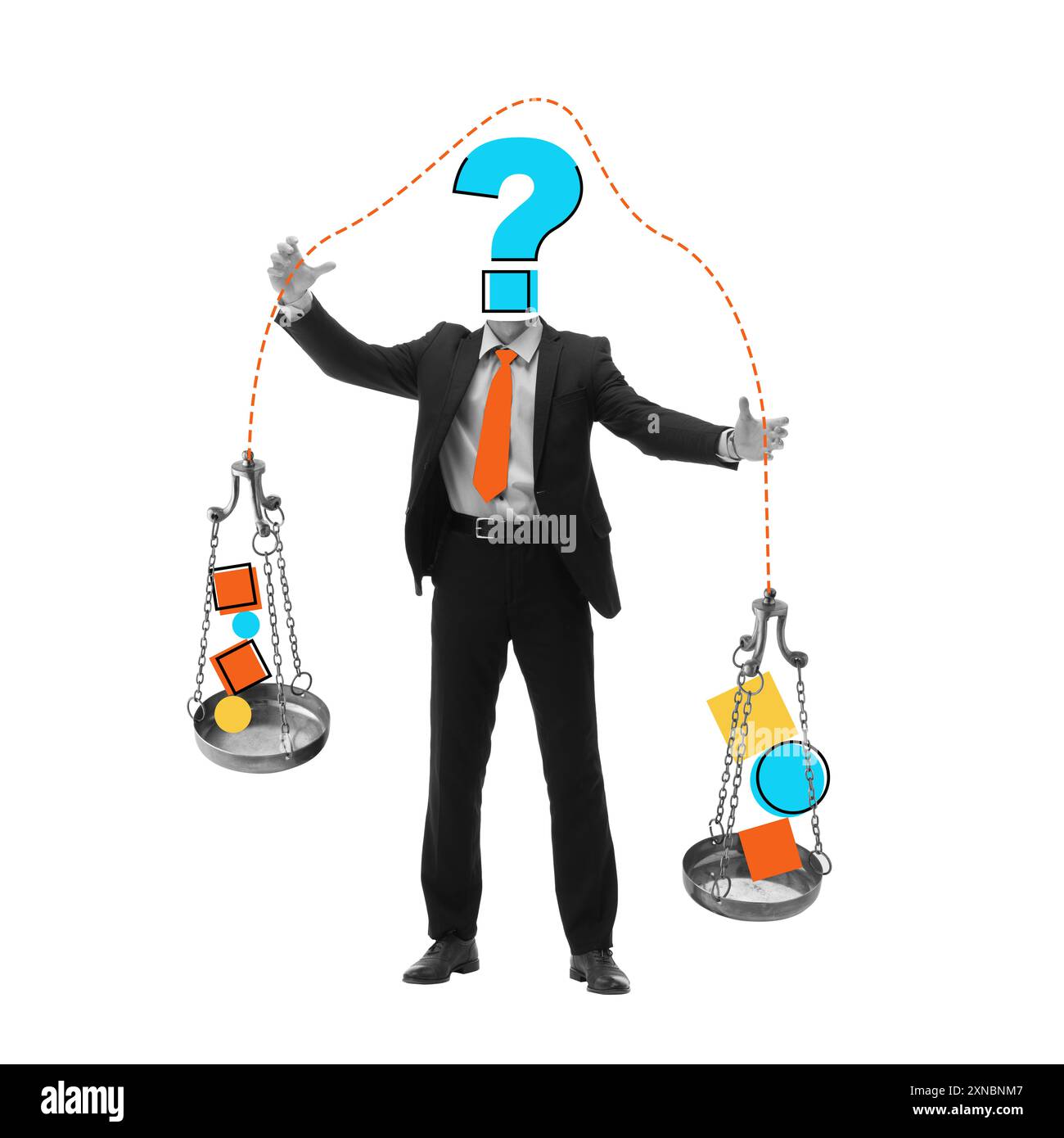 Businessman with question mark head holding scales balancing abstract ...
