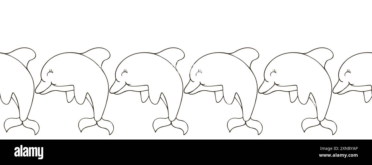 Marine seamless border. Monochrome fairy-tale drawing. Dolphins. Vector ...
