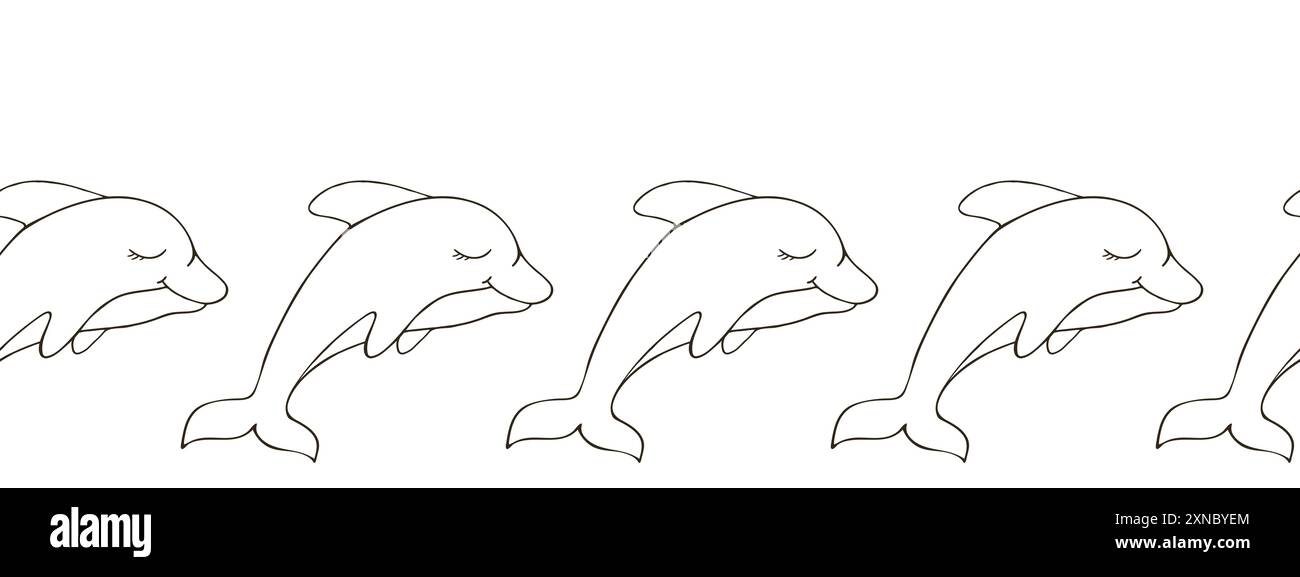Marine seamless border. Monochrome fairy-tale drawing. Dolphins. Vector ...