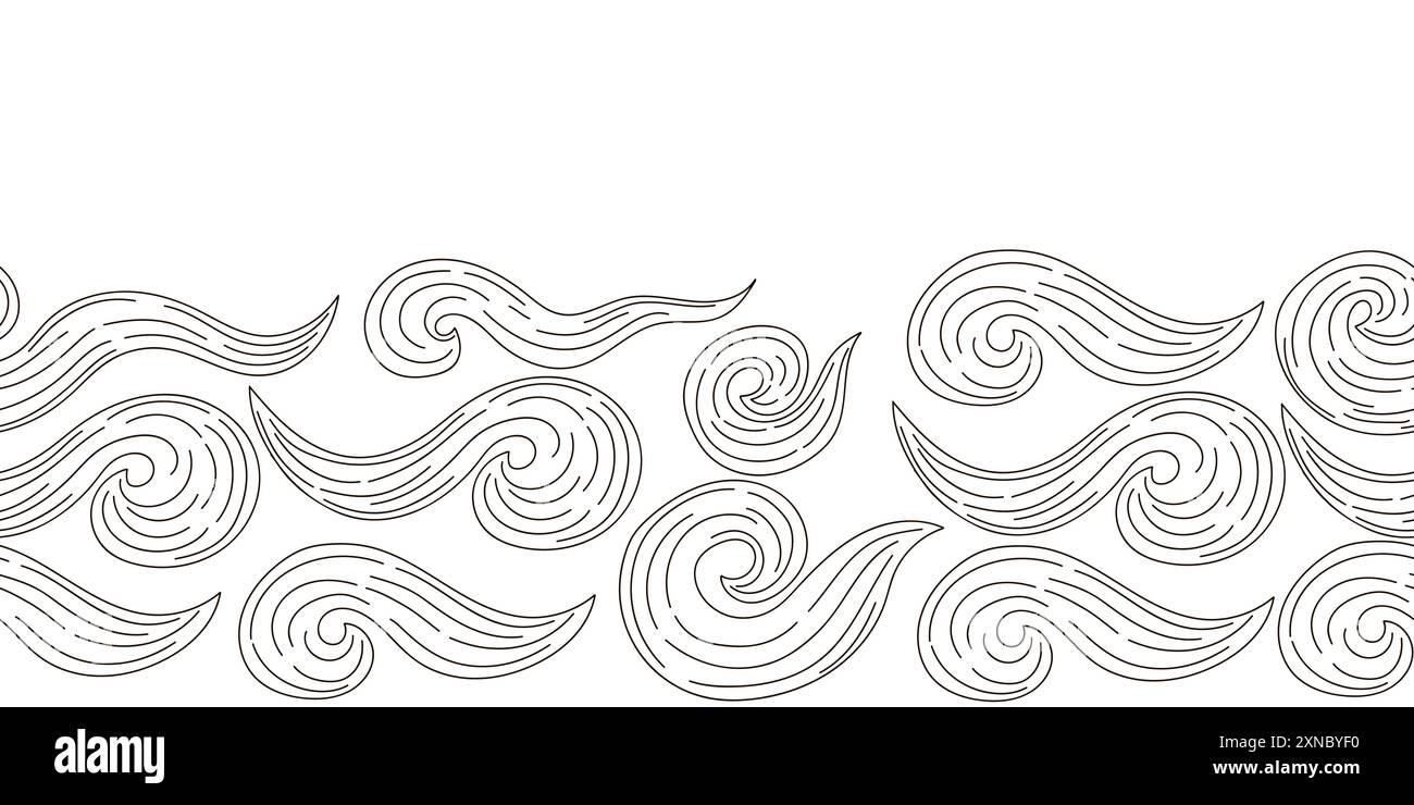 Marine seamless border. Monochrome fairy-tale drawing. Waves. Vector ...