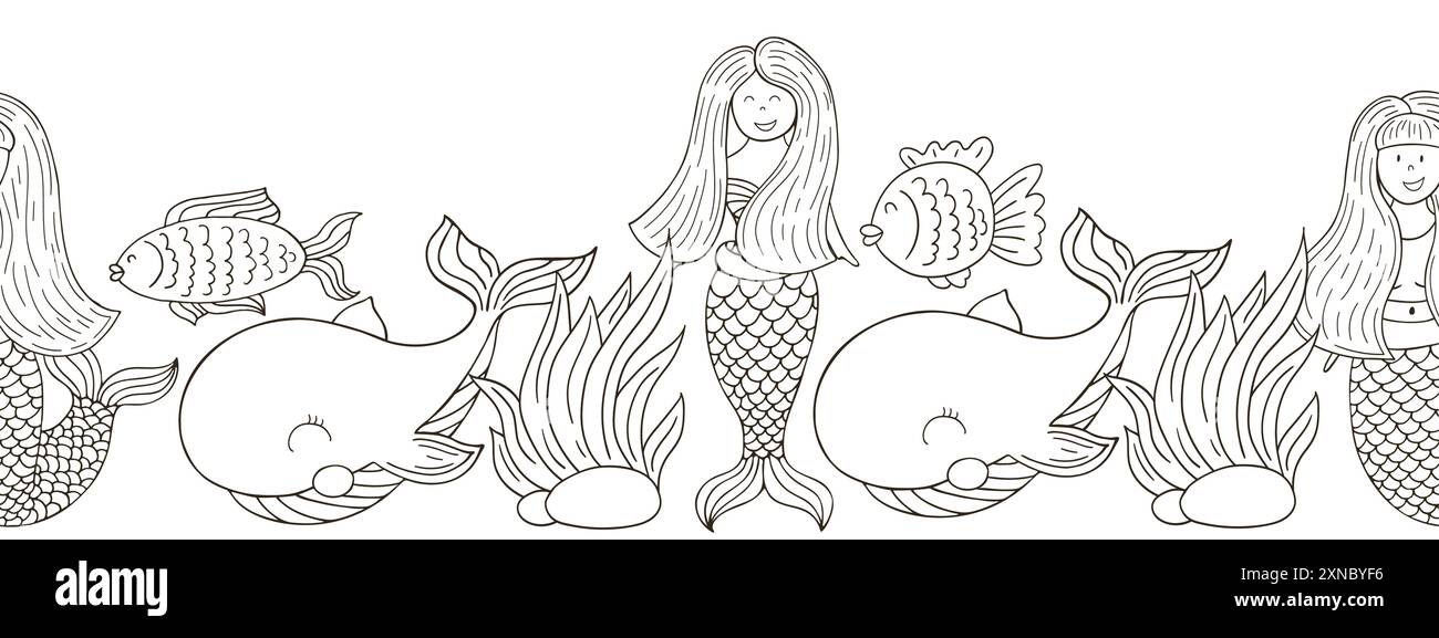 Marine seamless border. Monochrome fairy-tale drawing. Mermaids and ...
