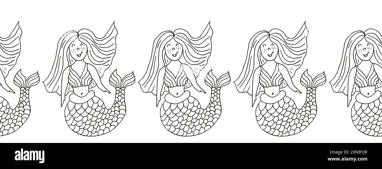 Marine seamless border. Monochrome fairy-tale drawing. Mermaids. Vector ...