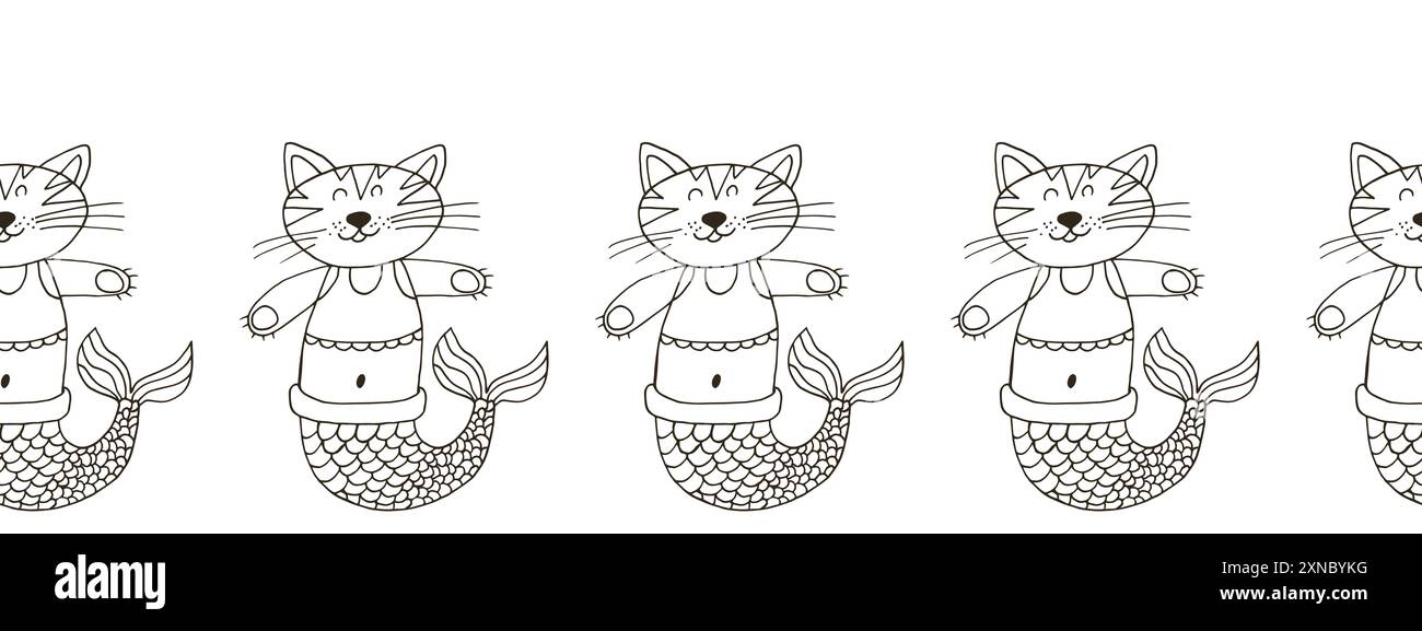 Marine seamless border. Monochrome fairy-tale drawing. Mermaid cats ...