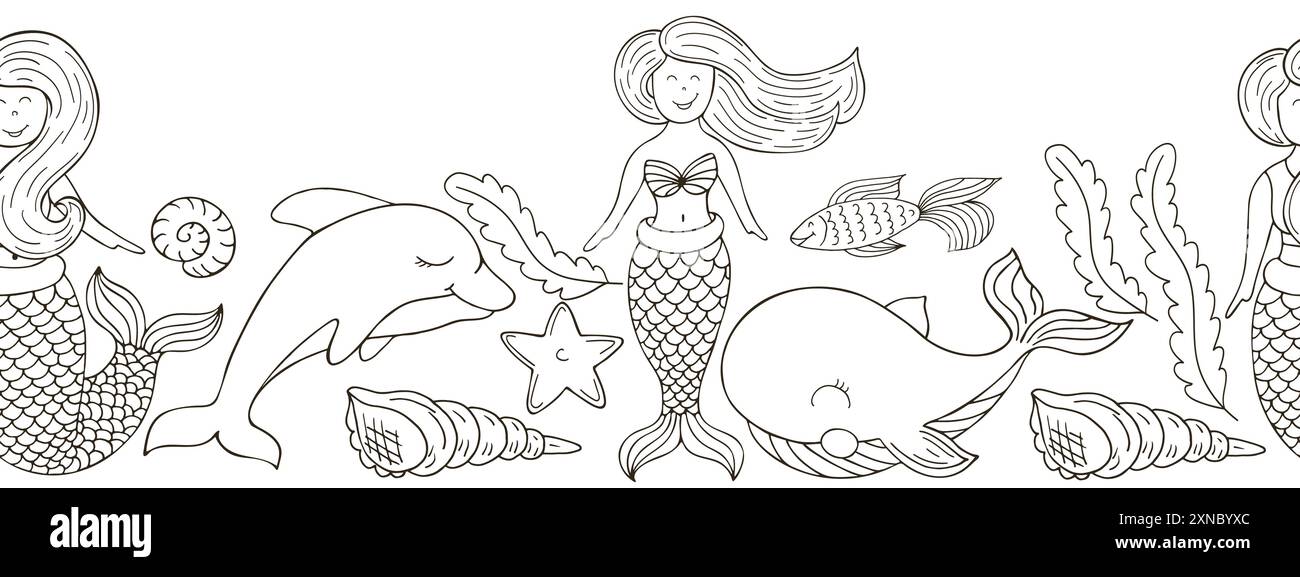 Marine seamless border. Monochrome fairy-tale drawing. Mermaids and ...