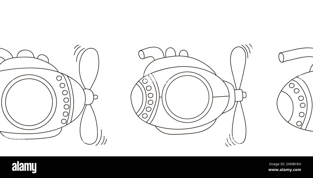 Marine seamless border. Monochrome fairy-tale drawing. Submarines ...