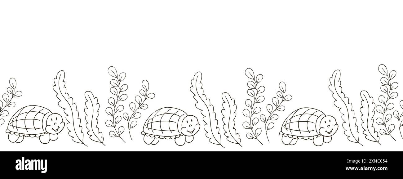Marine seamless border. Monochrome fairy-tale drawing. Turtles. Vector ...