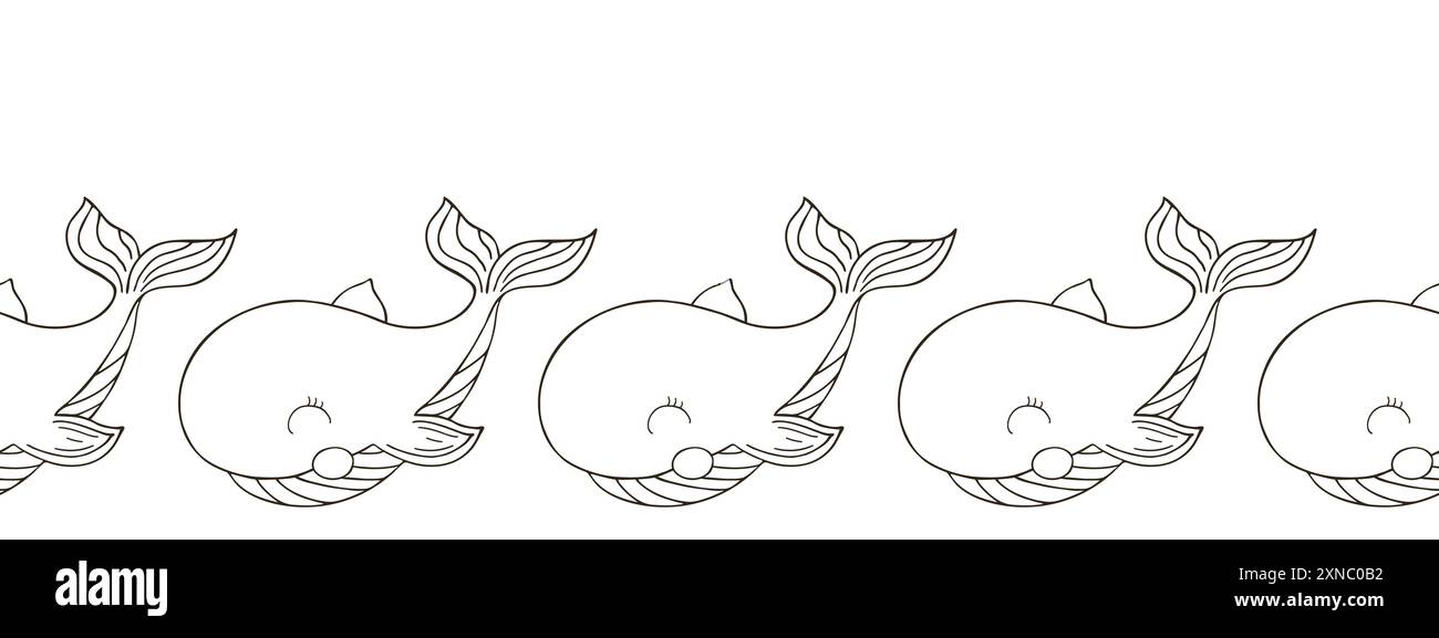 Marine seamless border. Monochrome fairy-tale drawing. Whales. Vector ...