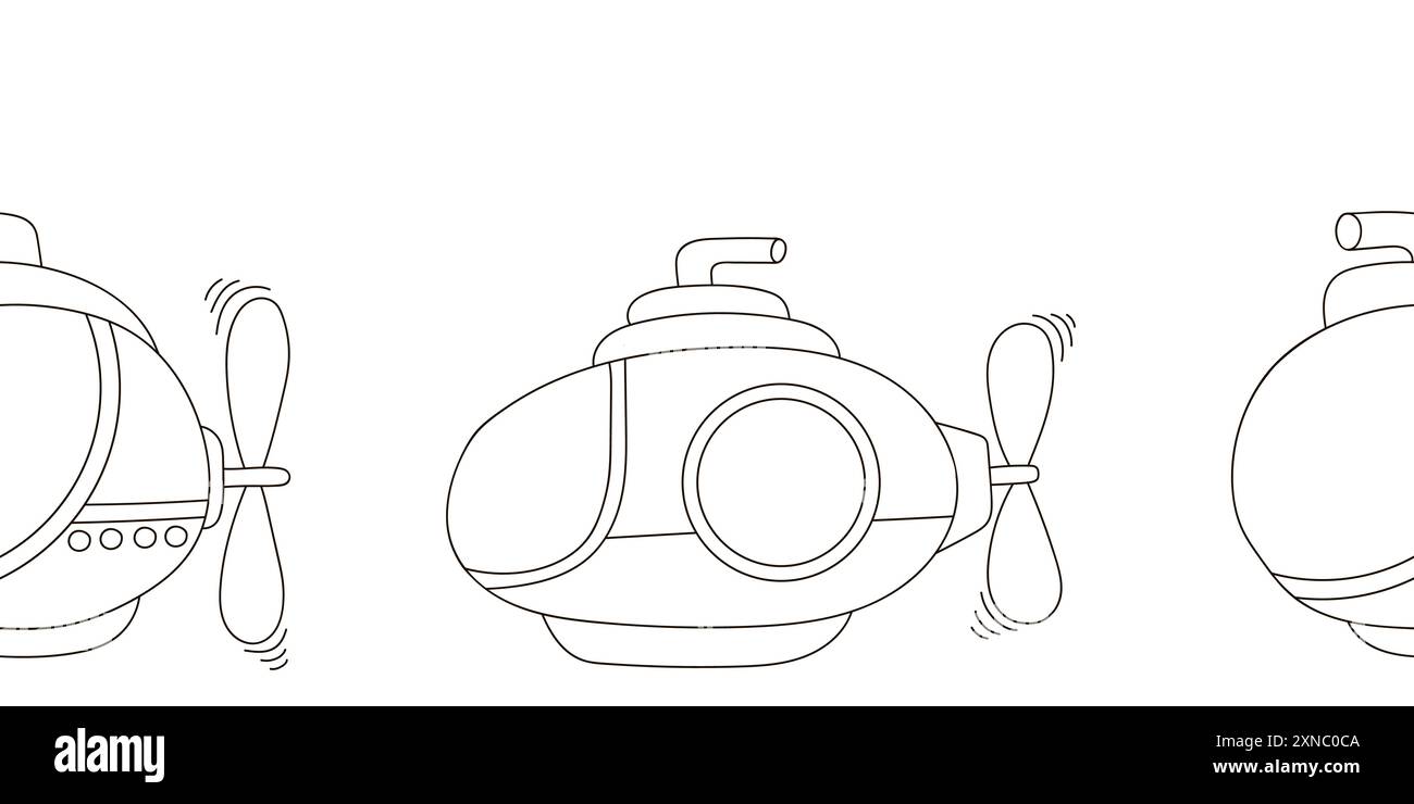 Marine seamless border. Monochrome fairy-tale drawing. Yellow ...