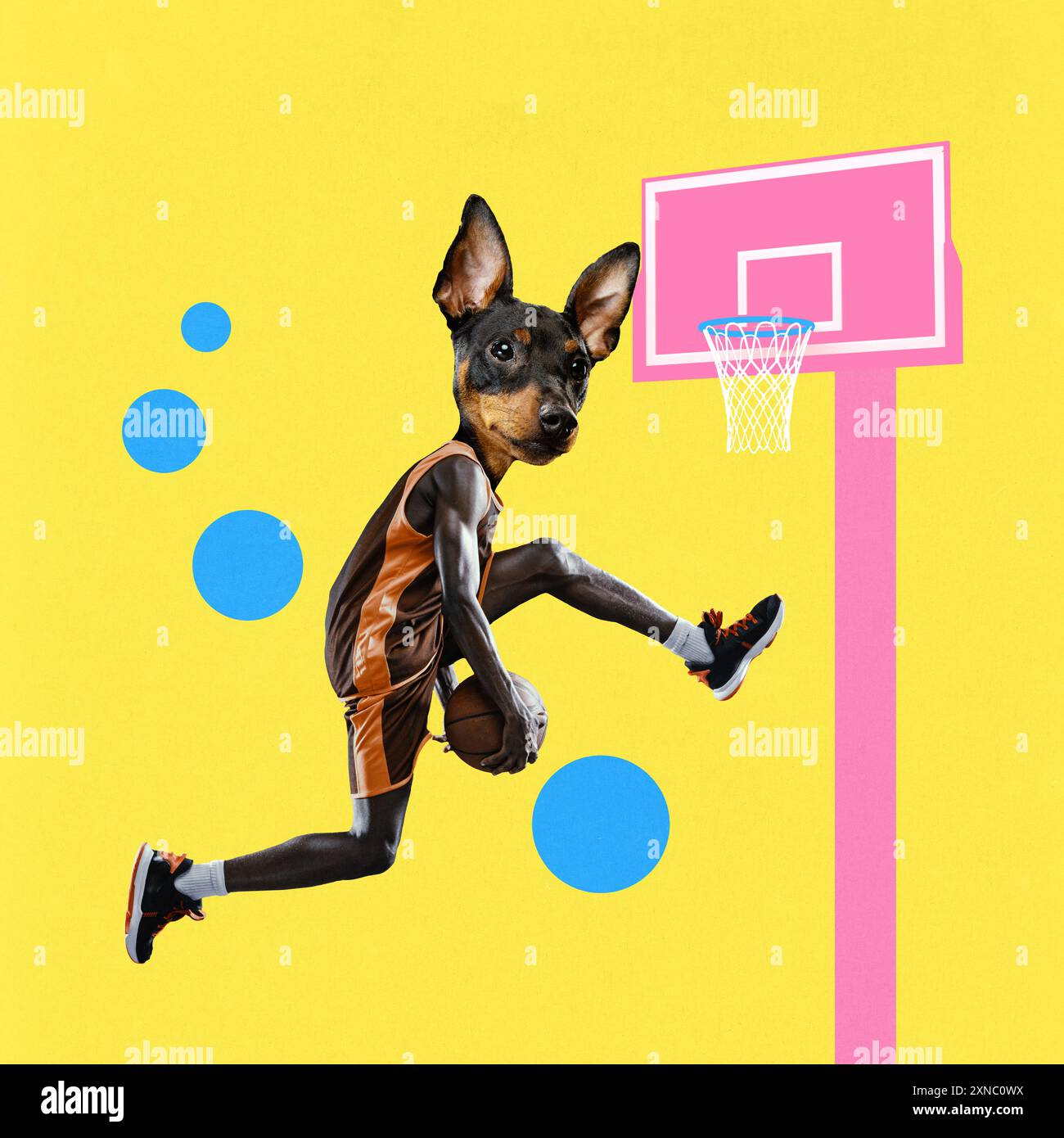 Contemporary art collage. Basketball player with head of dog playing ...