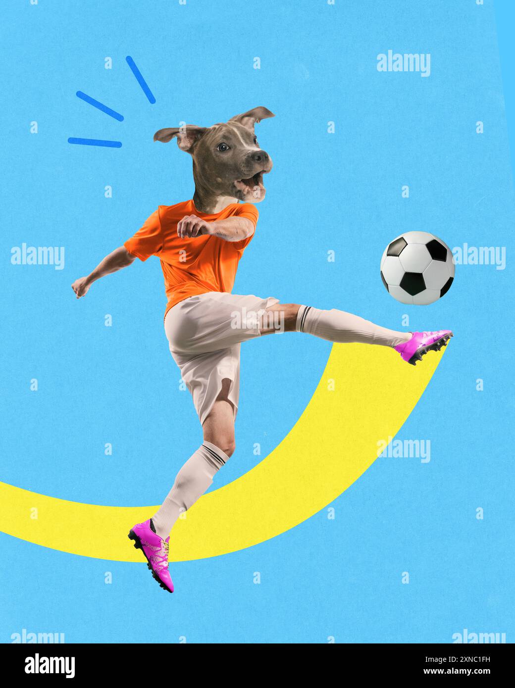 Contemporary art collage. Competitive football player kicking ball in ...