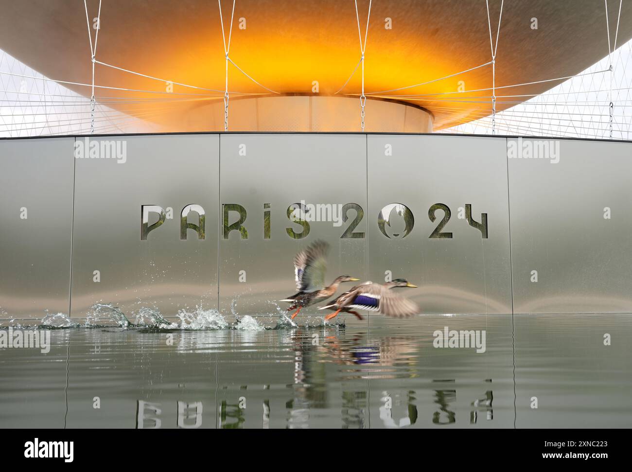 Ducks fly past the Olympic Cauldron at the Gardens of the Tuileries in ...