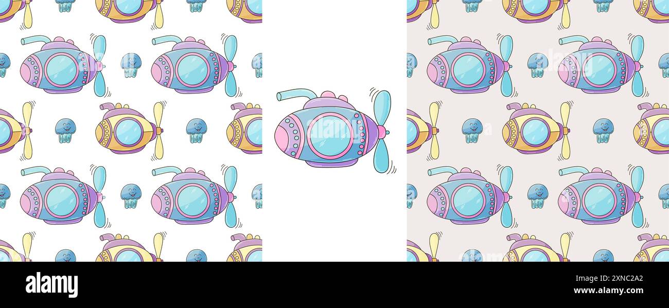 Set Marine seamless patterns. Submarines. Children's cute hand drawings ...