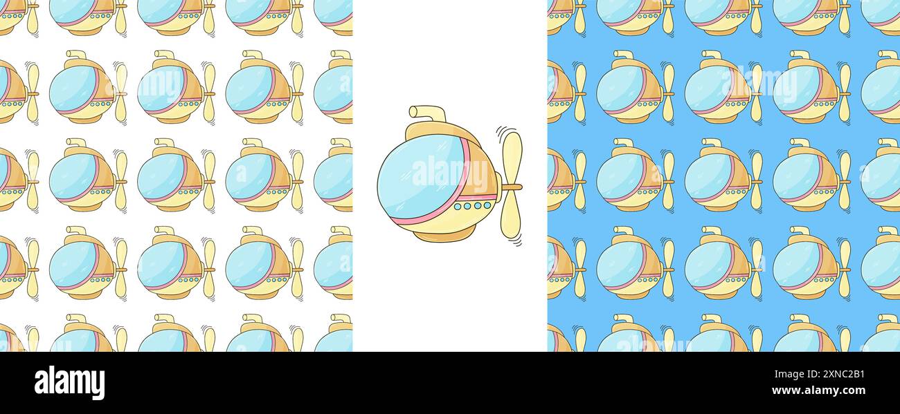 Set marine seamless patterns. Submarines. Pattern in hand draw style ...