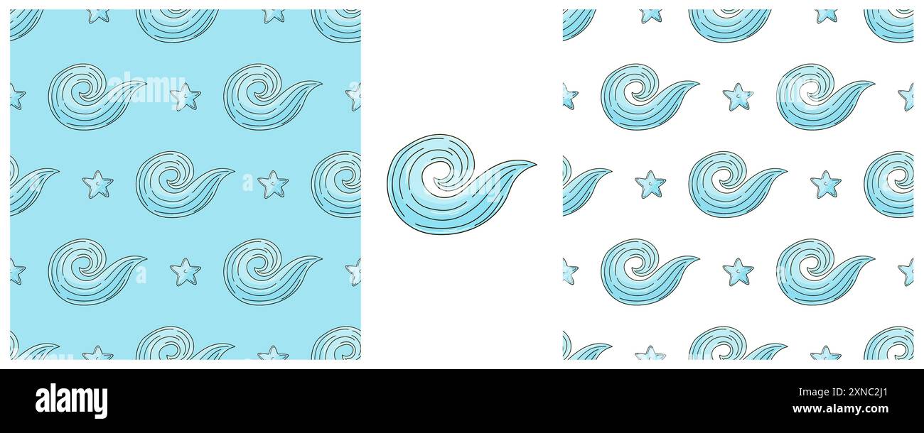 Waves. Set marine seamless patterns. Pattern in hand draw style ...