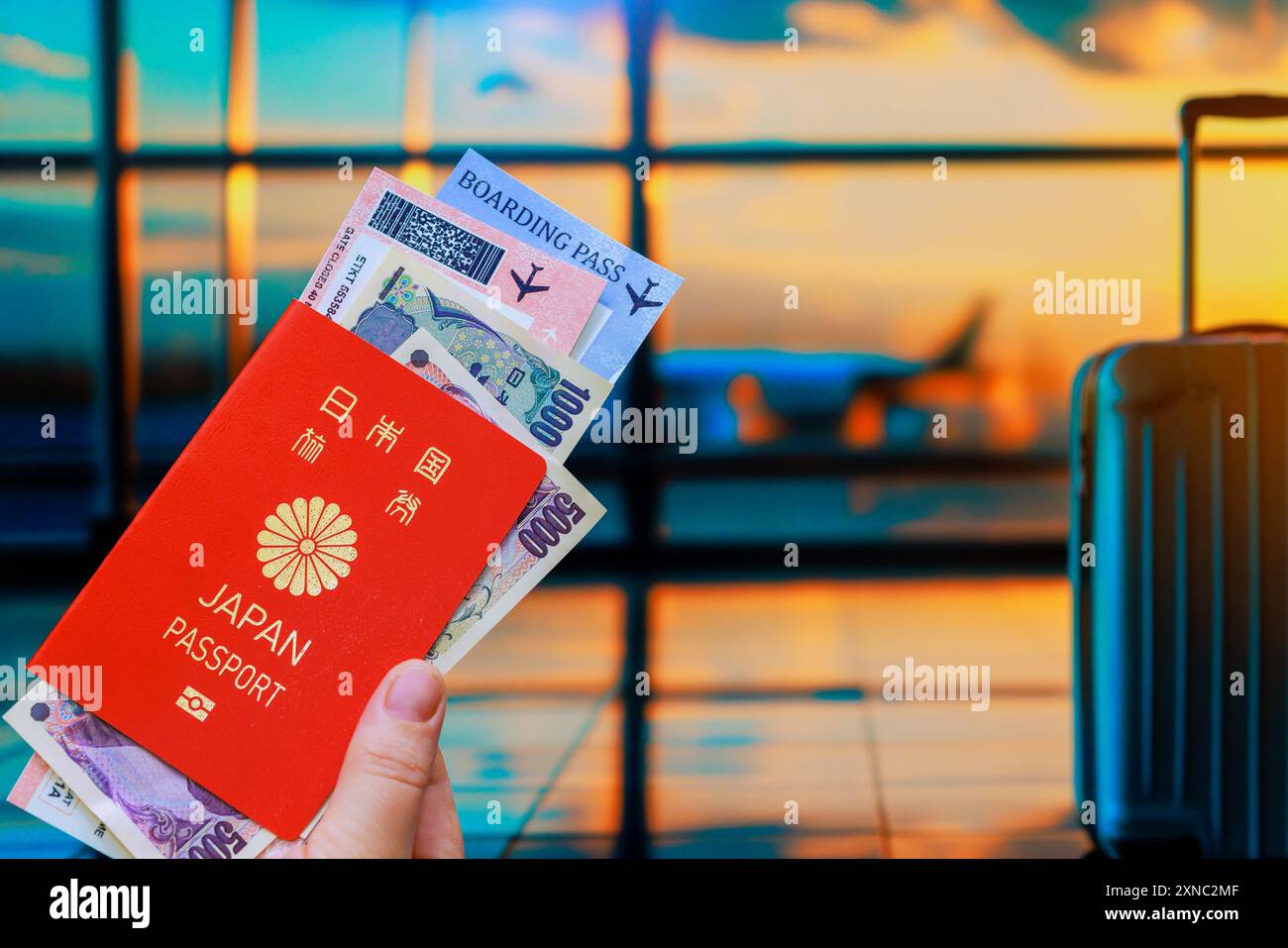 In airport terminal, passengers possess Japanese yen banknotes, Japan ...