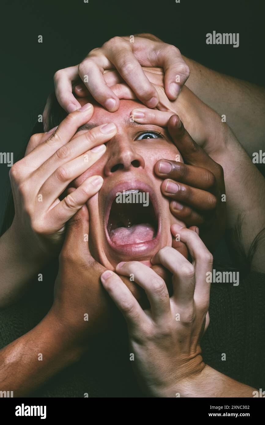 Terror, screaming and woman with hands on face in fear, trauma and ...