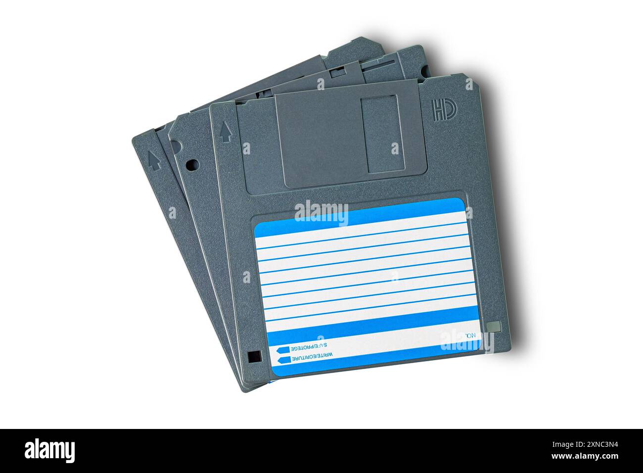 Top view pile of old gray floppy disk isolated on white background with ...