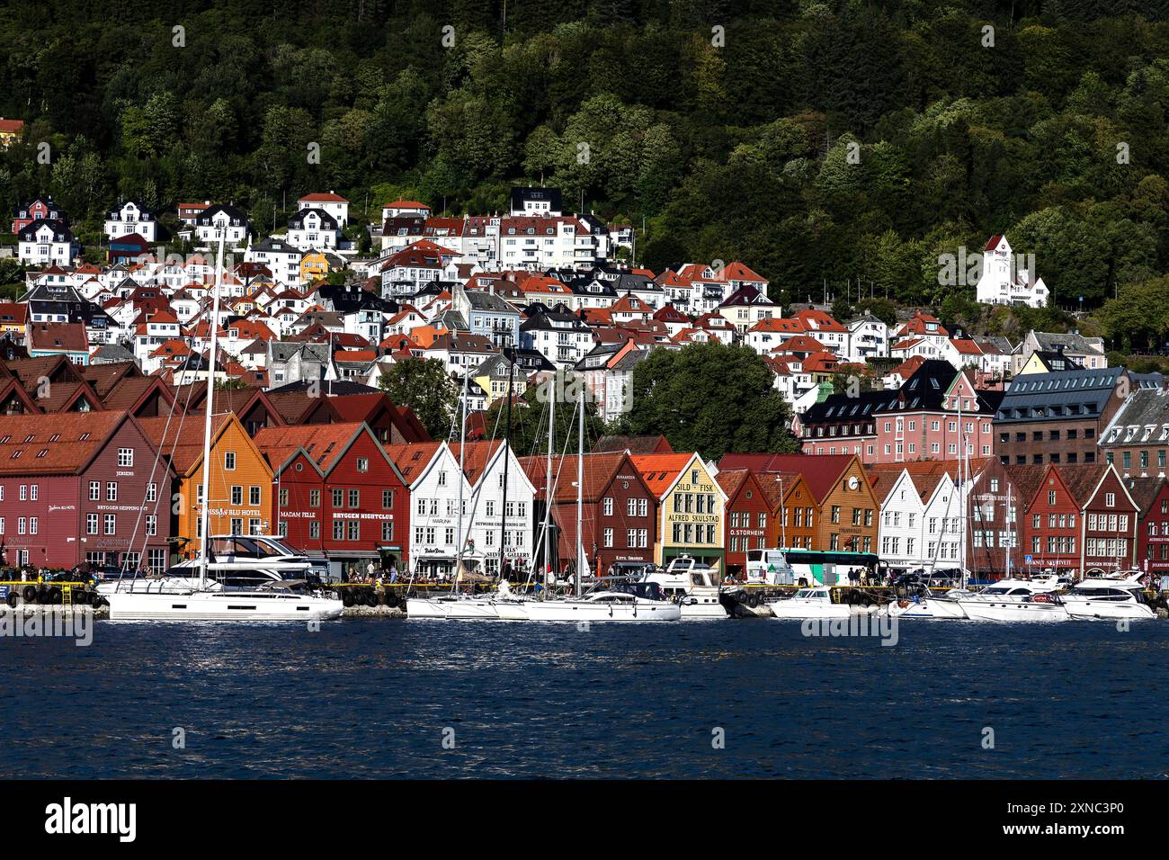 Sailboats moored at Bryggen quay: Anna (of Switzerland) and Andante ...