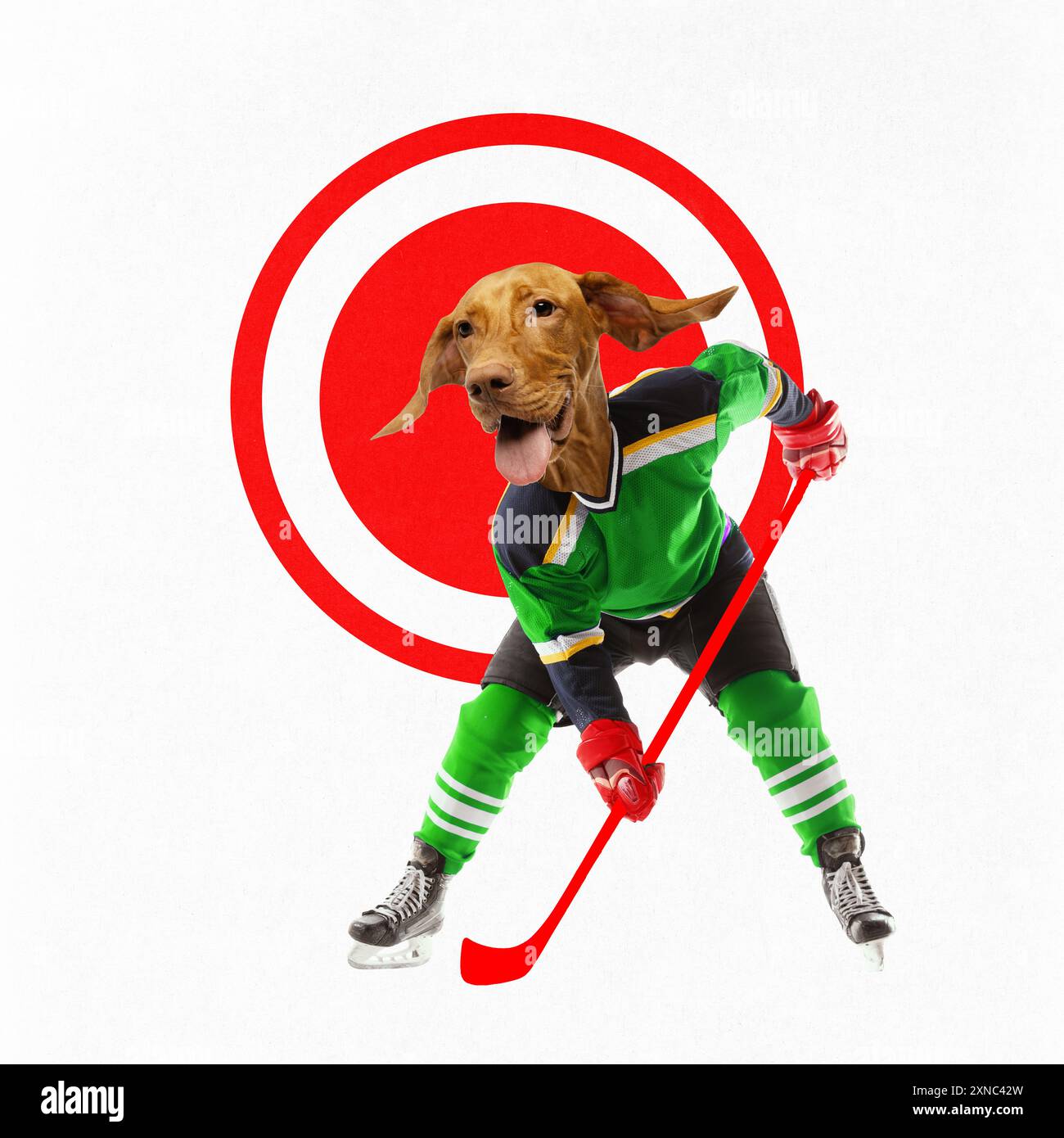 Contemporary art collage. Focused on game ice hockey player stands ...