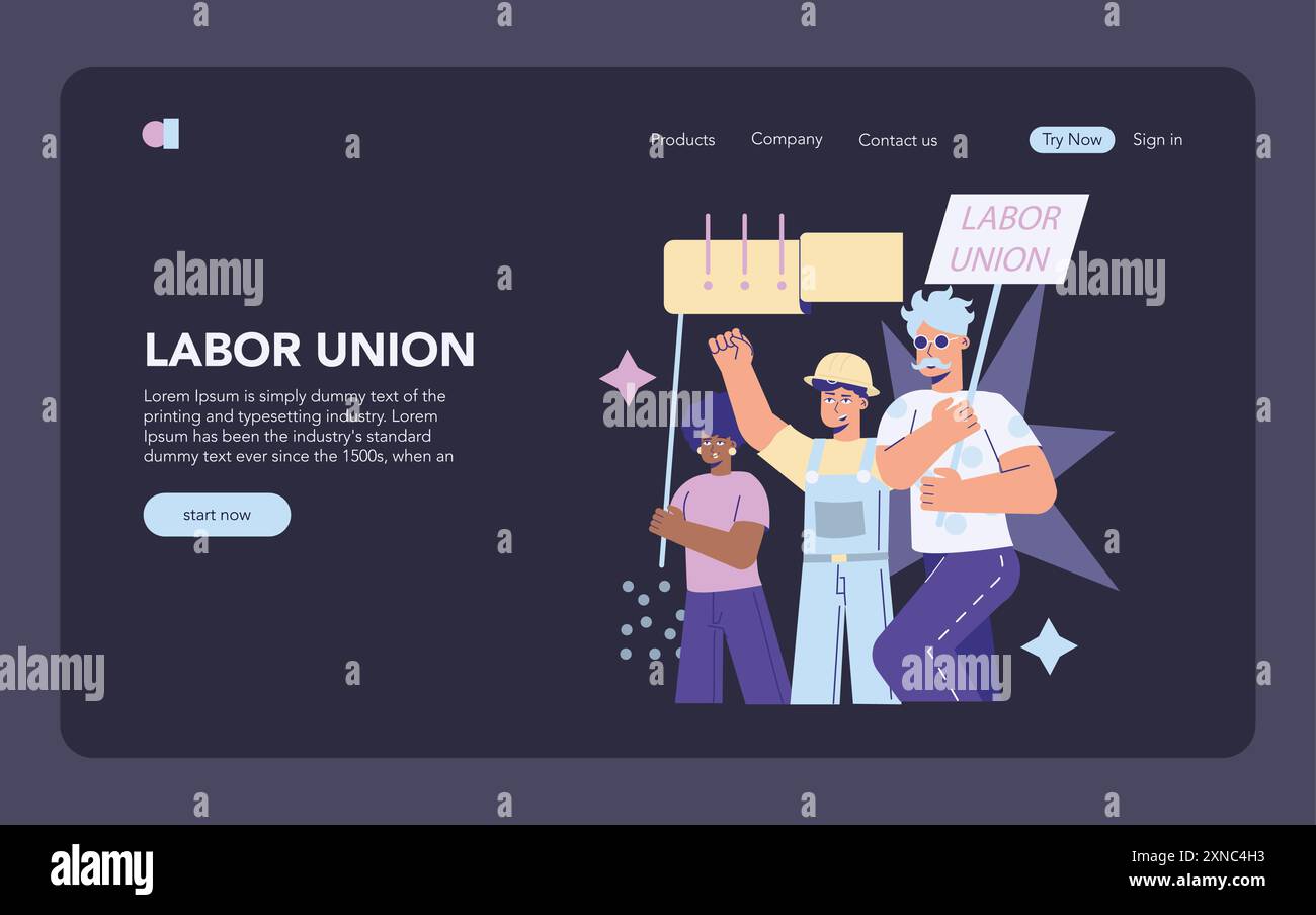 Labor Day concept. Workers united in a labor union, demonstrating ...