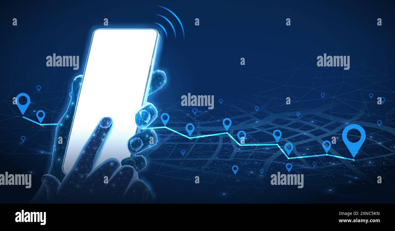 Phone mockup in hand and pins connected. Phone mobile app, gps tracker ...