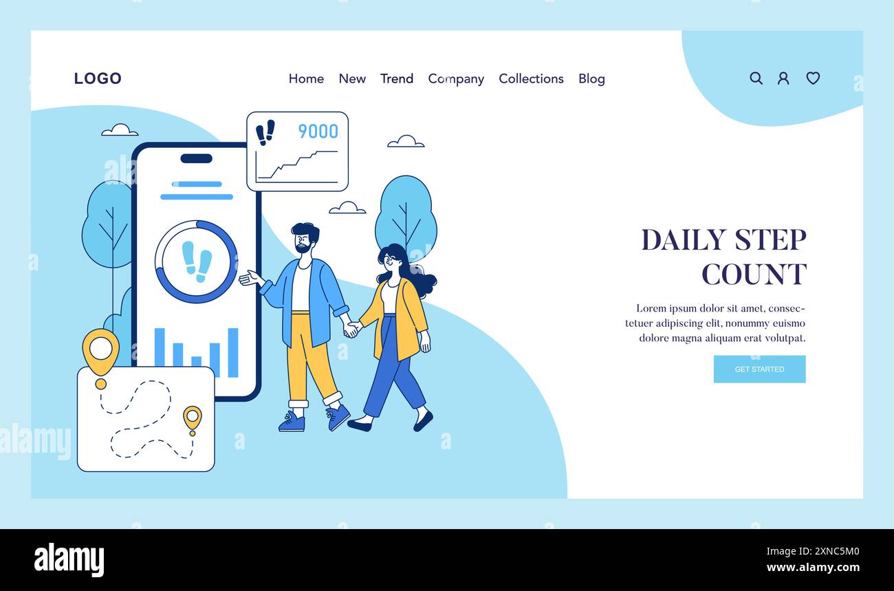 Health app interface promoting daily step count with a couple walking, integrated fitness ...