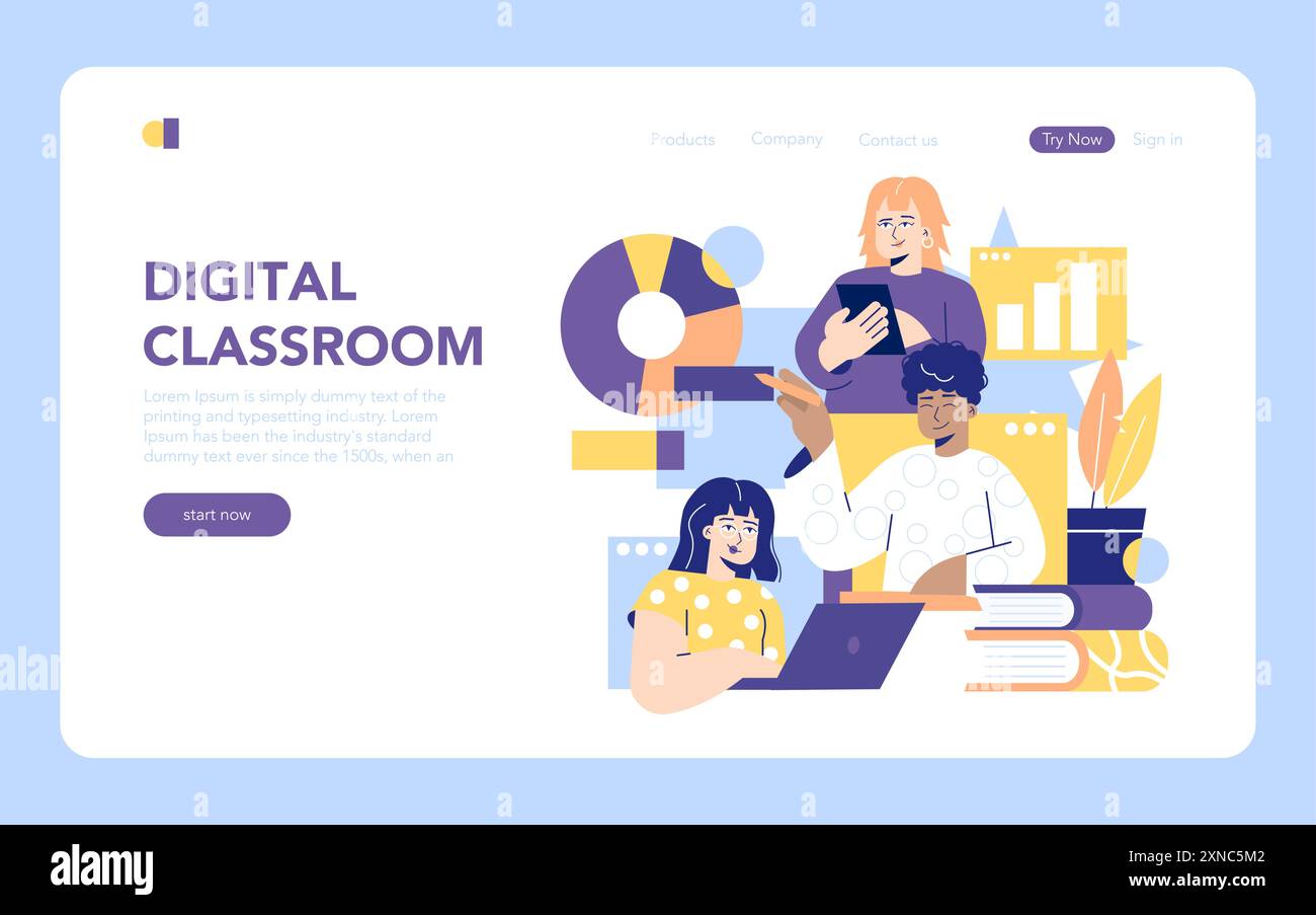 Online Education concept. Students engage in a digital classroom ...