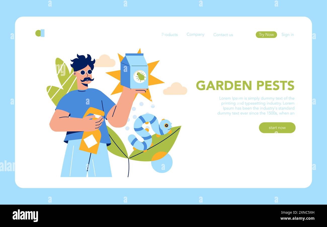 Insect Pests concept. Illustration of a man inspecting a plant leaf for ...