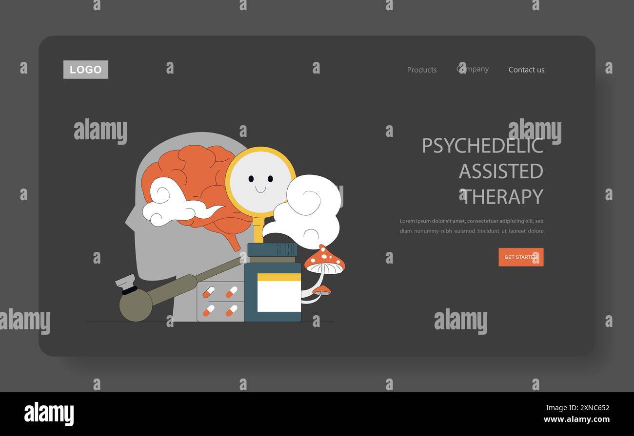 Psychedelic Therapy concept. An illustrated brain and magnifying glass ...