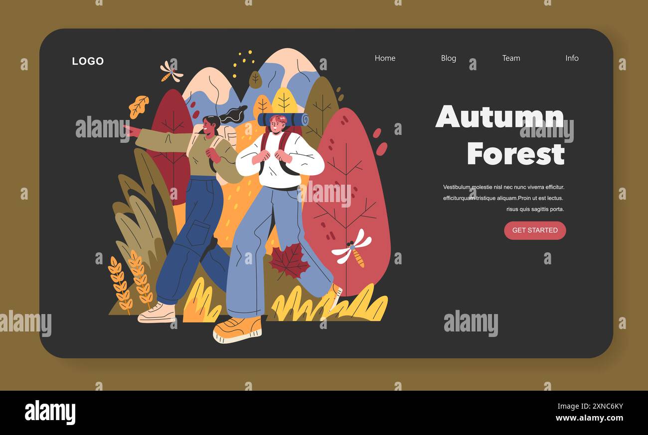 Welcome Fall concept. Friends hiking in an autumn illustration with ...