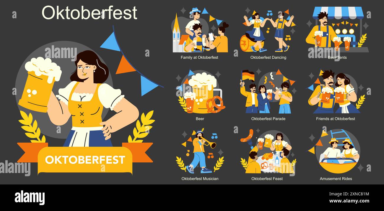 Oktoberfest set. Celebratory scenes of beer festival traditions with ...