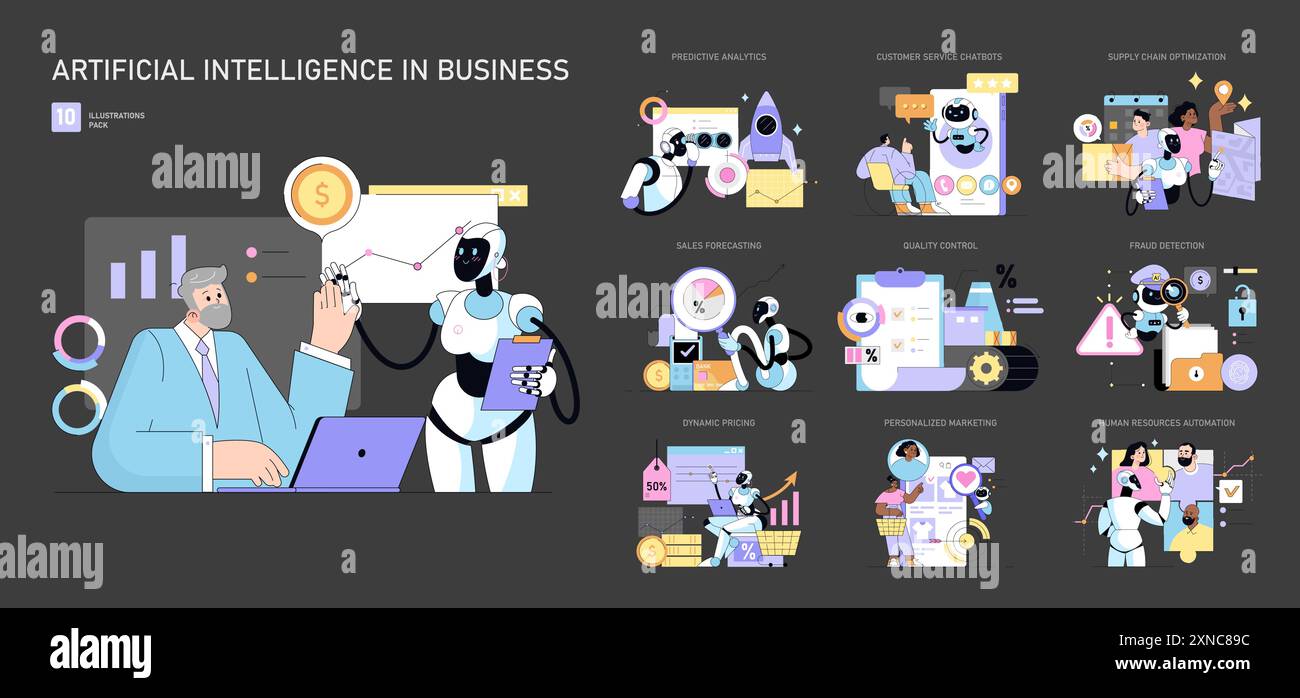 Artificial Intelligence in Business set. Integration of AI technology for efficiency and ...