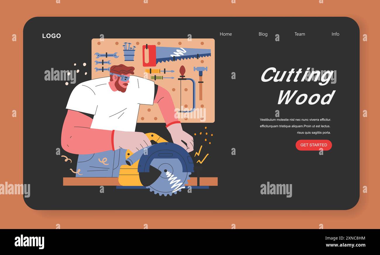Woodworking DIY concept. A man operates a circular saw on wood in a ...