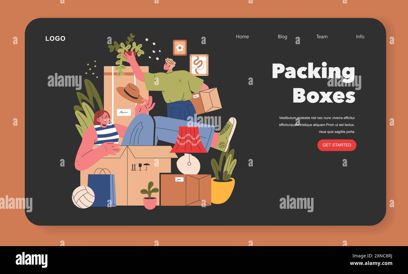 Moving House concept. Characters load personal items into cardboard ...