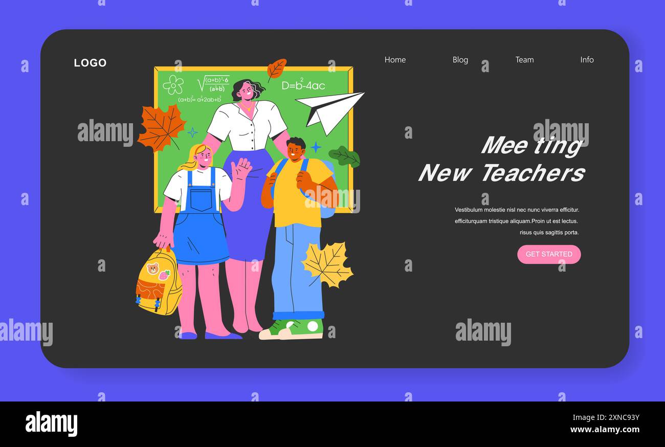 Back to School concept. Students meet their cheerful new teachers ...